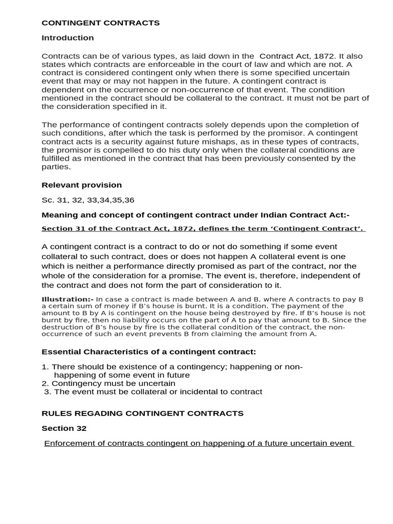 Q. CONTINGENT CONTRACTS | PDF | Consideration | Law Of Obligations