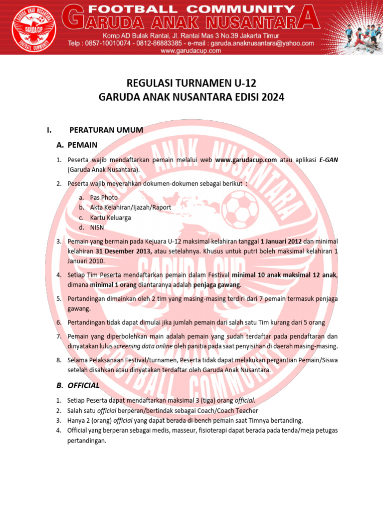 Regulasi Garuda Cup U12 Edisi 2024 | PDF