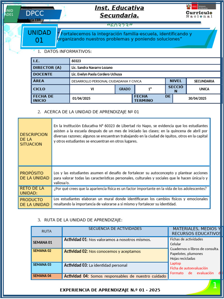 Unidad 1 - 1° Sec. - DPCC | PDF | Aprendizaje | Multimedia
