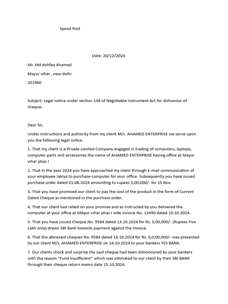 Legal Notice Assignment | PDF | Cheque | Banks