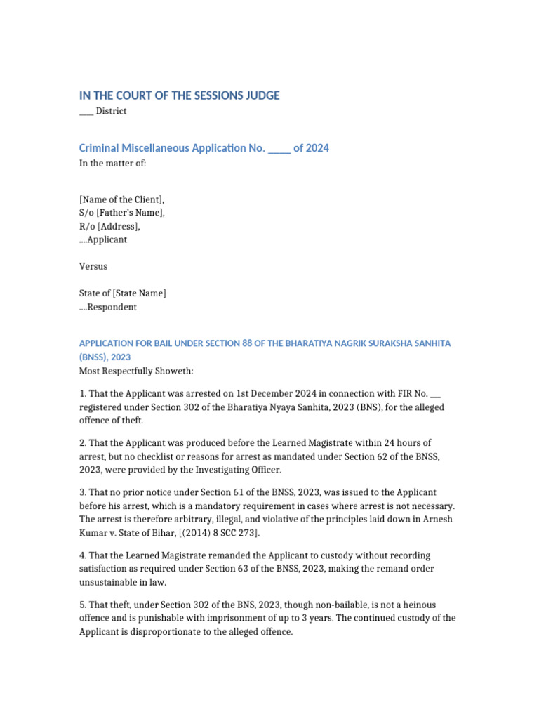 Bail Application BNSS 2023 | PDF | Bail | Arrest