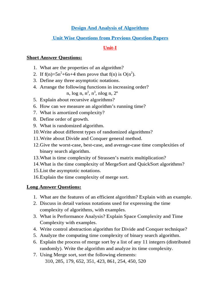 DAA Unit Wise Questions | PDF | Computational Complexity Theory | Time Complexity