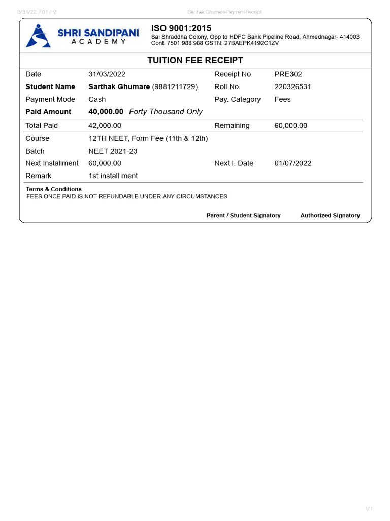 Sarthak Ghumare Payment Receipt | PDF