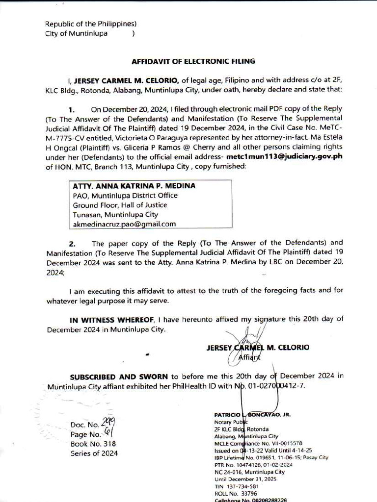 Affidavit of Electronic Filing-Reply (To The Answer of The Defendants) and Manifestation (To ...