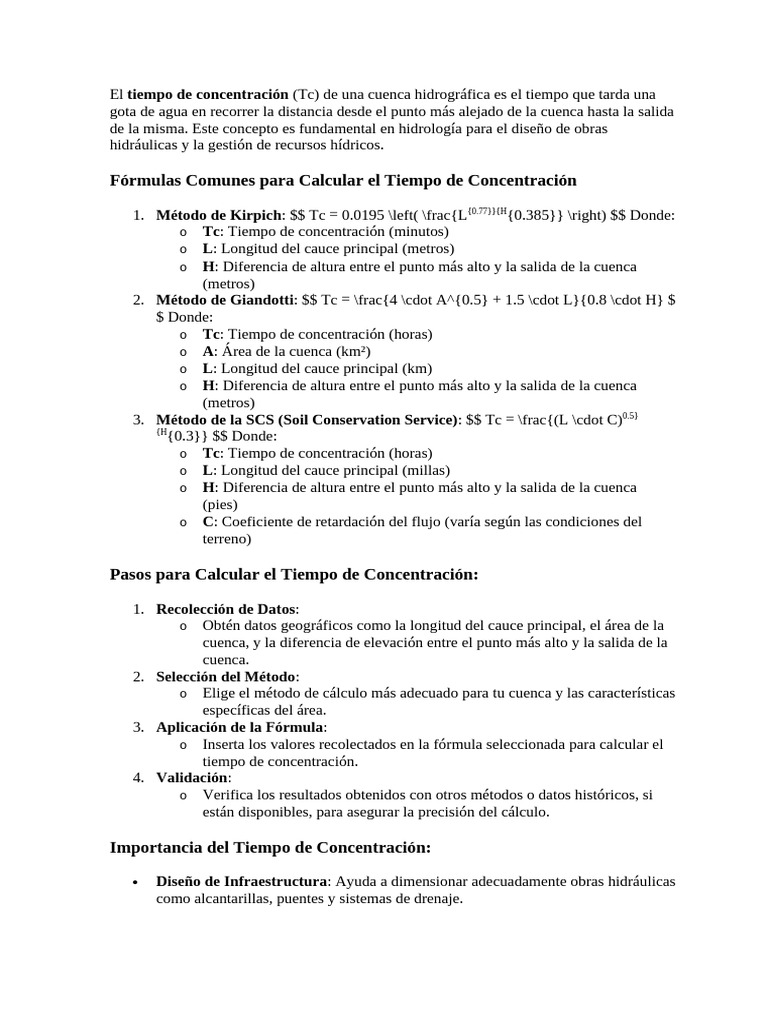 Cálculo del Tiempo de Concentración | PDF | Hidrología | Cuenca de drenaje