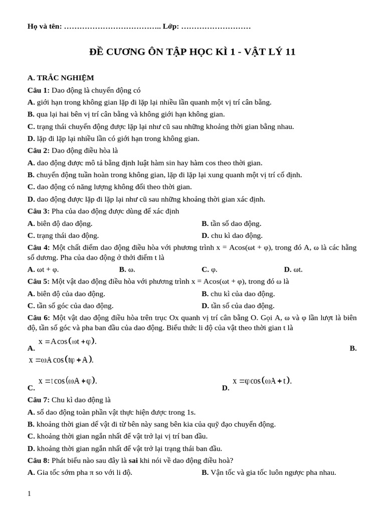 ĐỀ CƯƠNG VẬT LÝ 11 THI HK1 | PDF