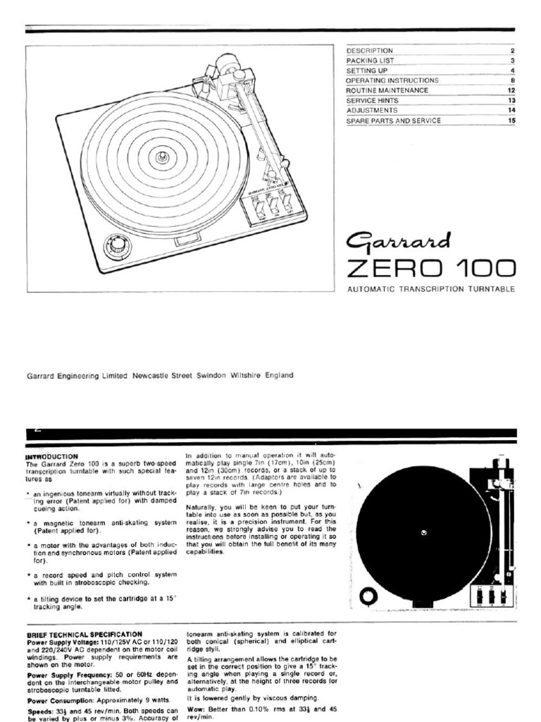 Garrard Zero 100 Owners Manual | PDF