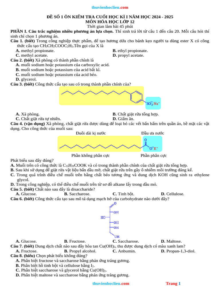 Bo de On Tap Cuoi HK1 Hoa 12 KNTT 24 25 | PDF