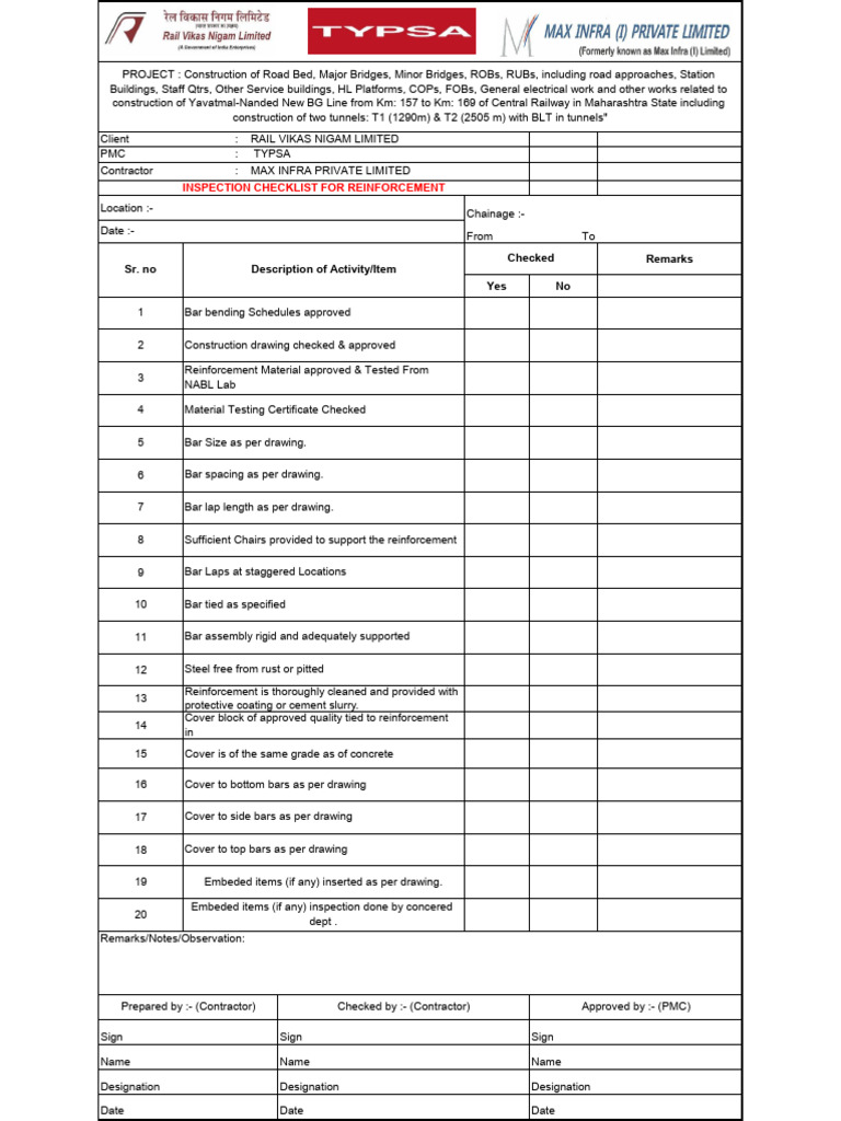 Reinforcement Inspection Checklist for Road Construction | PDF | Civil ...