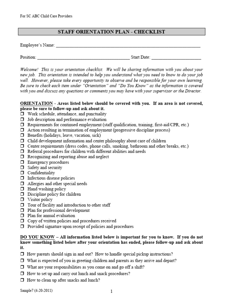 Sample7 - 4-2011 - Written Staff Orientation Plan Checklist - 2 | PDF