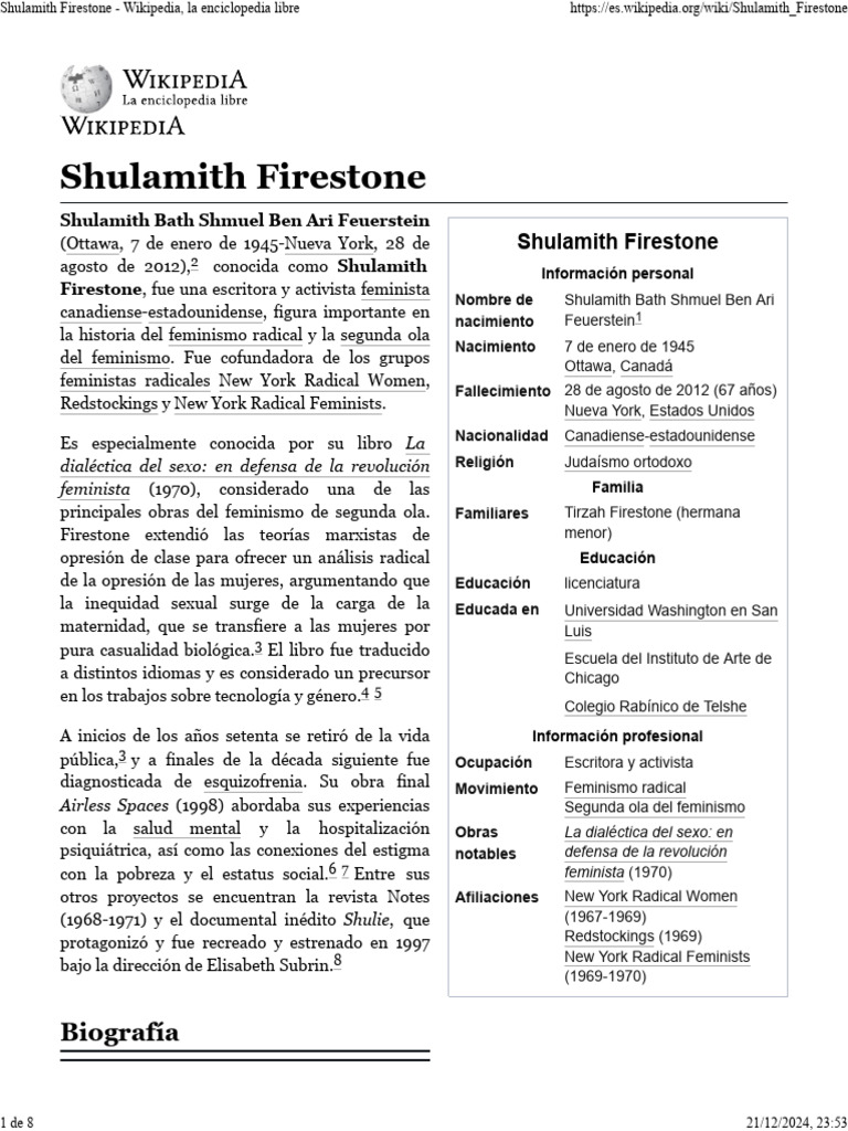 Shulamith Firestone - Wikipedia, La Enciclopedia Libre | PDF ...
