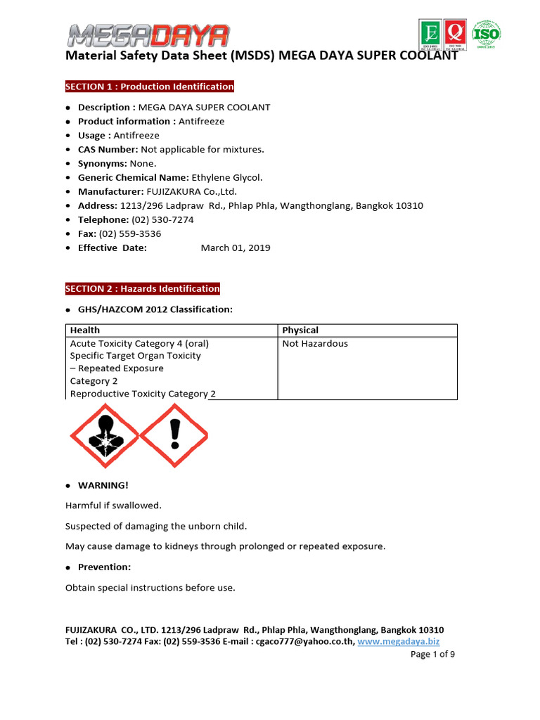 MSDS Mega Daya Super Coolant | PDF | Toxicity | Personal Protective ...