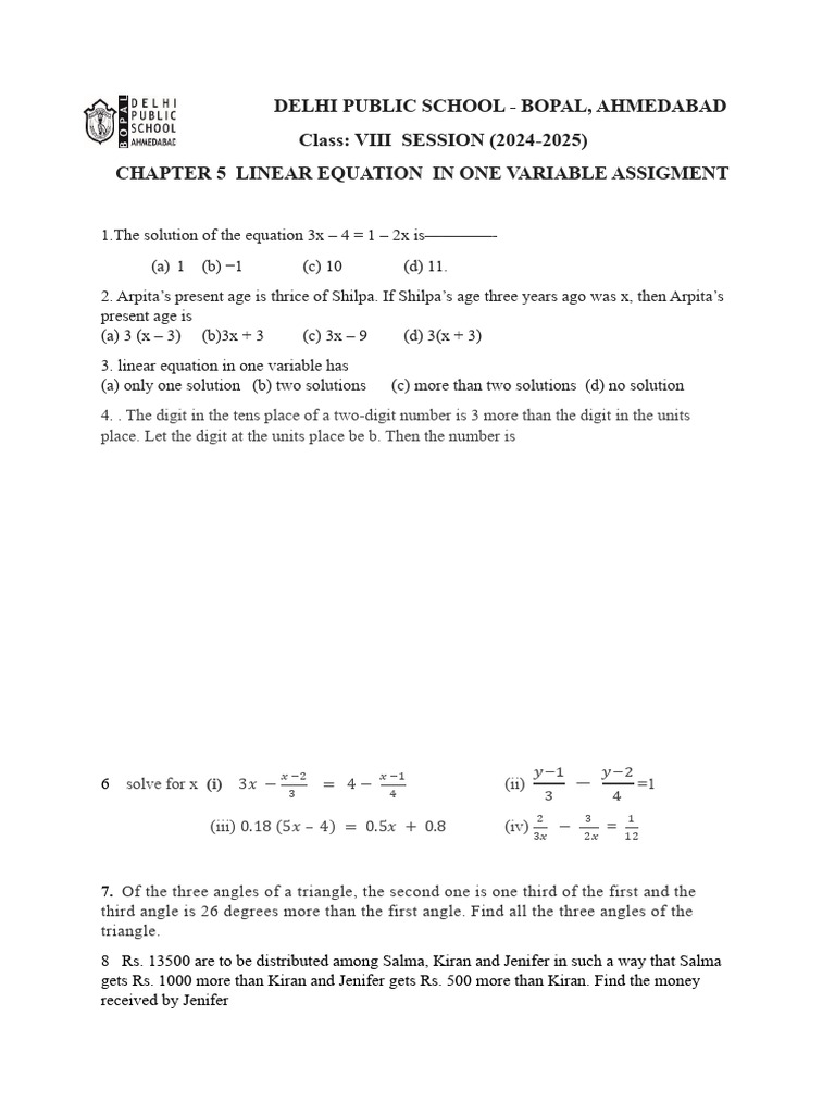 assigment of linear equation | PDF | Equations | Elementary Mathematics
