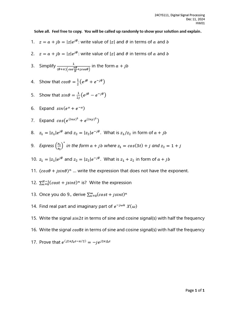HW01 - Basic Complex Numbers & Trigonometry 20241211 | PDF