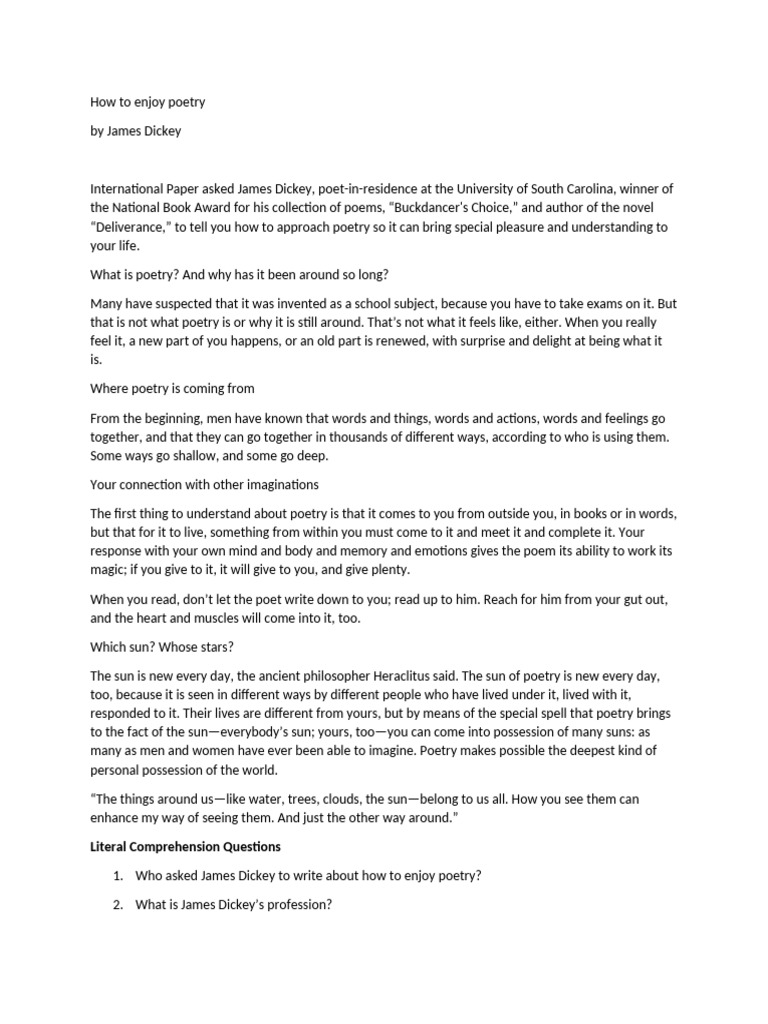 Reading Comprehension How To Enjoy Poetry | PDF | Poetry | Emotions