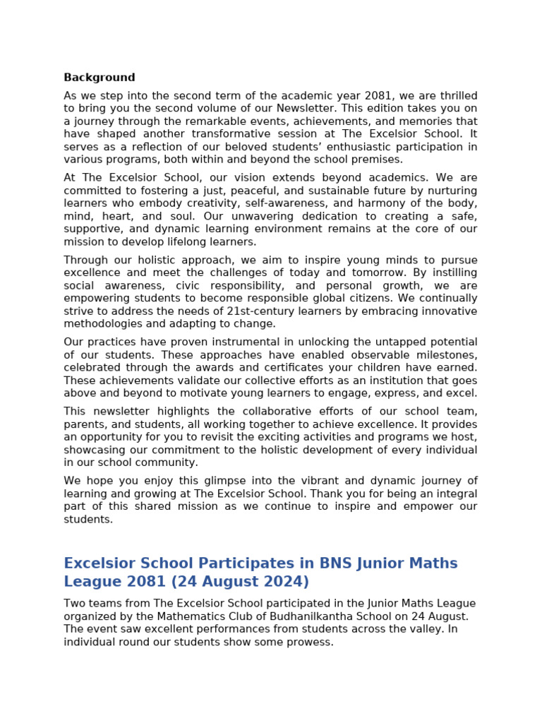 Excelsior School 2081 Newsletter Highlights | PDF | Learning | Teachers