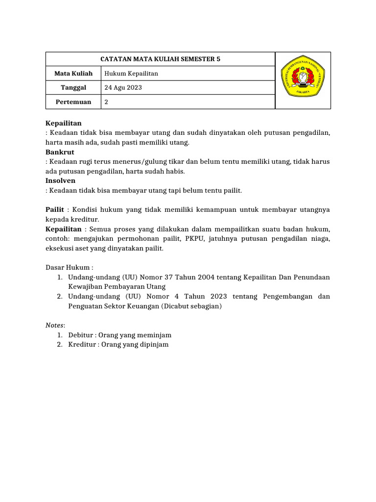 Catatan Hukum Kepailitan - SMT 5 - Muhammad Gilang Gunawan | PDF