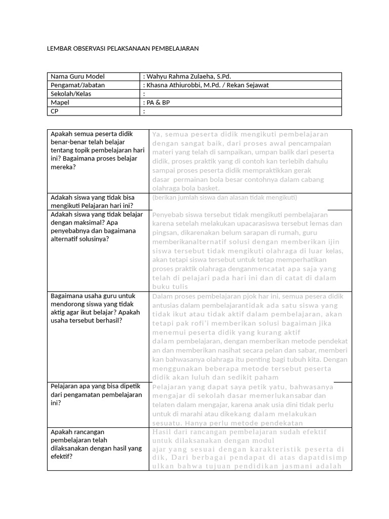 PMM - Lembar Observasi Pelaksanaan Pembelajaran | PDF