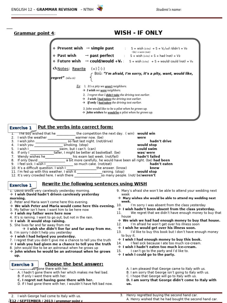 Grammar point 4- WISH - IF ONLY | PDF | Linguistics