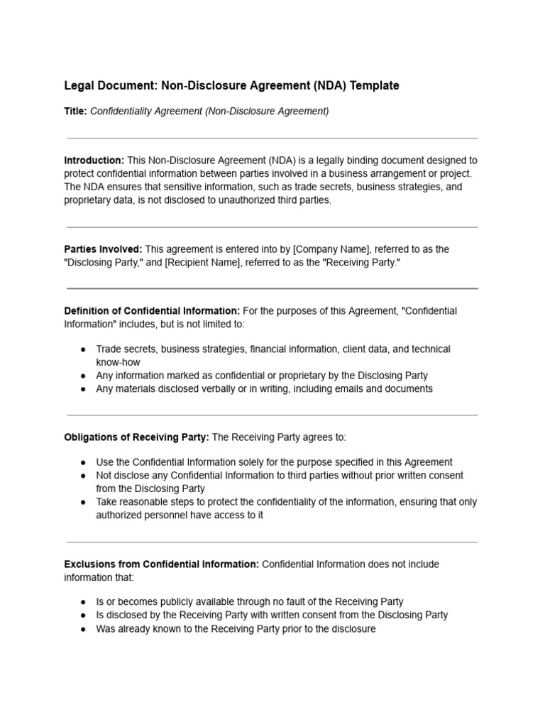 NDA Template for Confidentiality | PDF | Non Disclosure Agreement ...