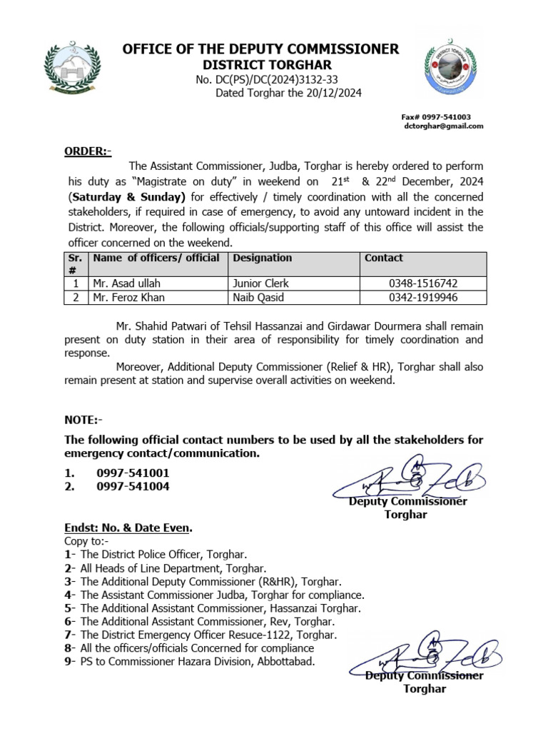 Weekend Duty Order for Torghar Officials | PDF
