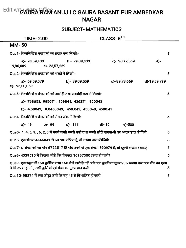 6th Math Paper | PDF