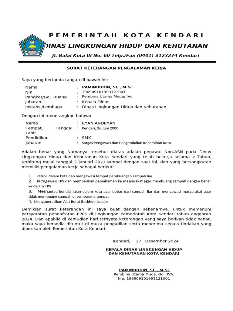 Surat Pernyataan Keterangan Pengalaman Kerja PPPK 2024 Ilman | PDF