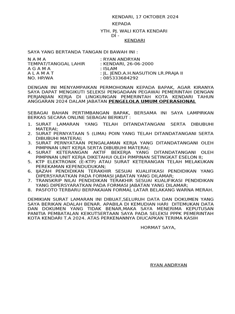 Surat Lamaran Ryan Andryan | PDF