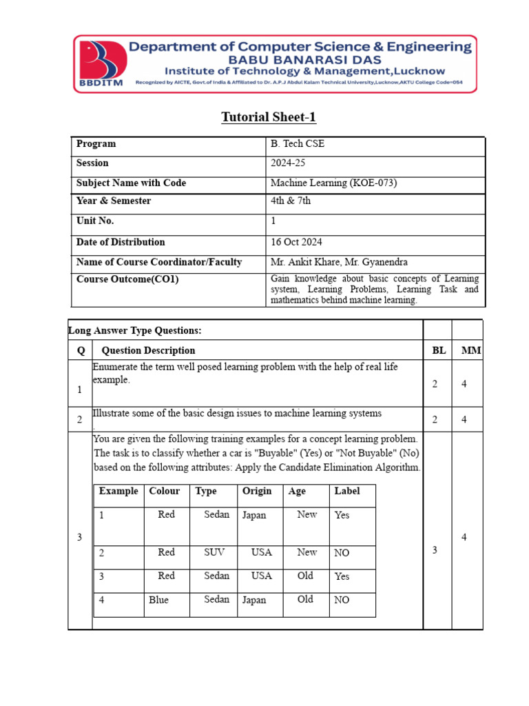 Tutorial Sheet 1 KOE O73 | PDF | Machine Learning | Cognition
