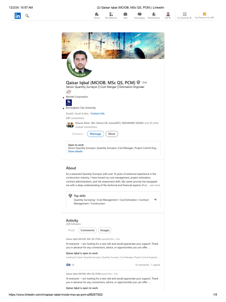 Qaisar Iqbal (MCIOB, MSC QS, PCM) - LinkedIn | PDF | Engineering