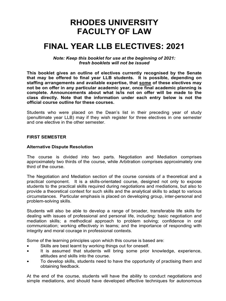 Electives Booklet 2021 | PDF | Arbitration | Mediation