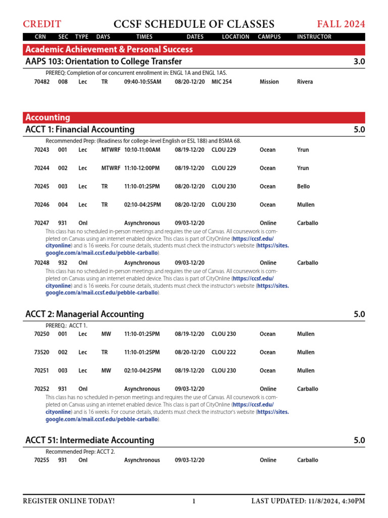 CCSF Fall 2024 Class Schedule | PDF