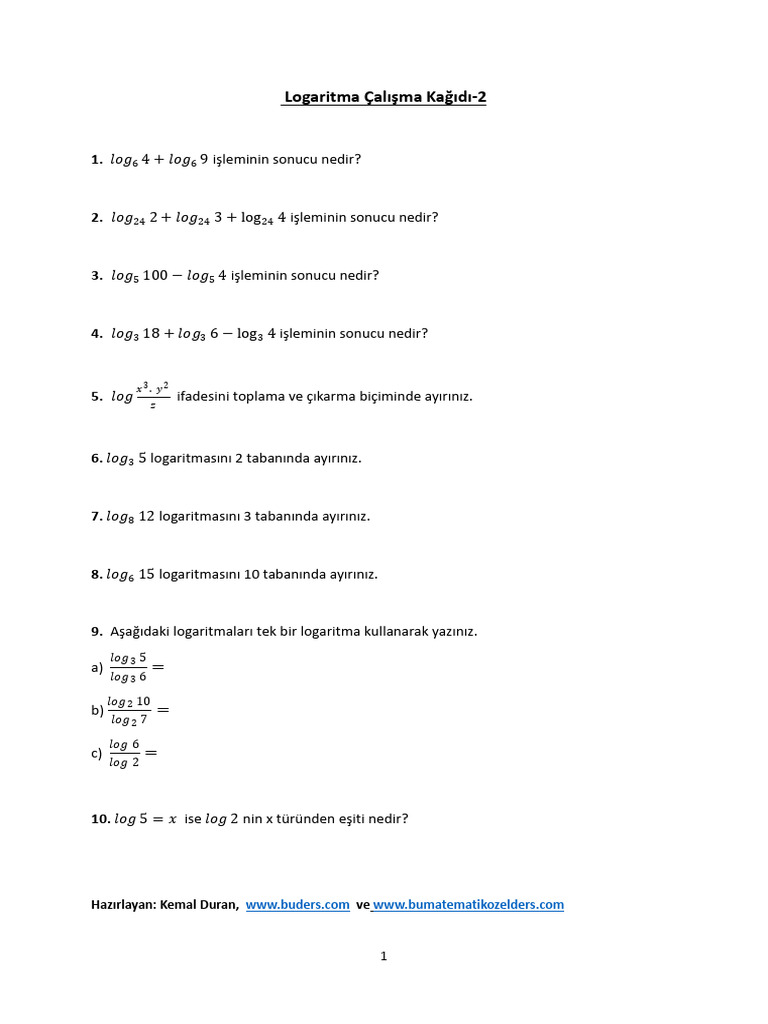 11.sinif Logaritma Calisma Sorulari 2 | PDF