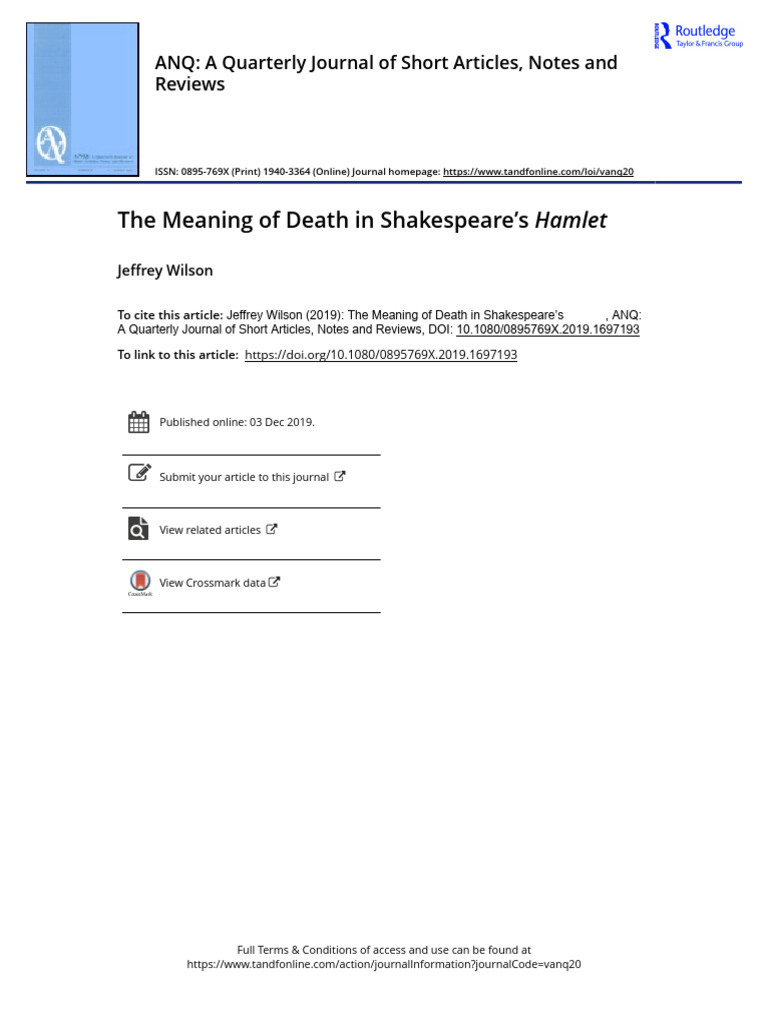 Jeffrey R. Wilson 22the Meaning of Death in Shakespeares Hamlet22 2019 ...