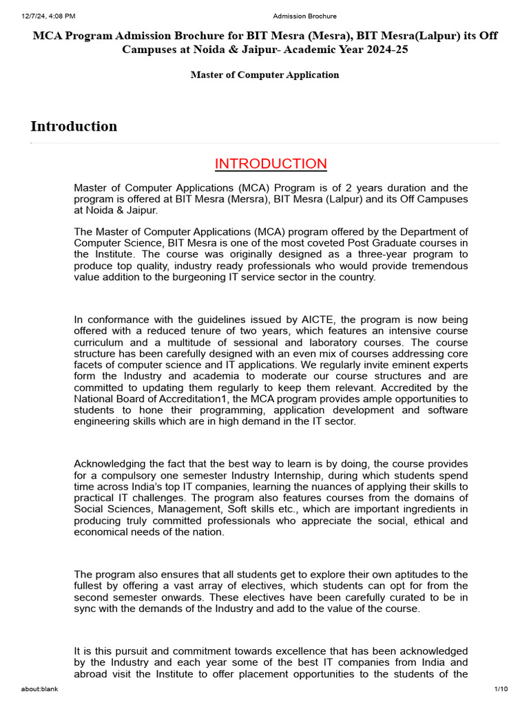 BIT Mesra MCA Admission 2024-25 Guide | PDF | University And College ...
