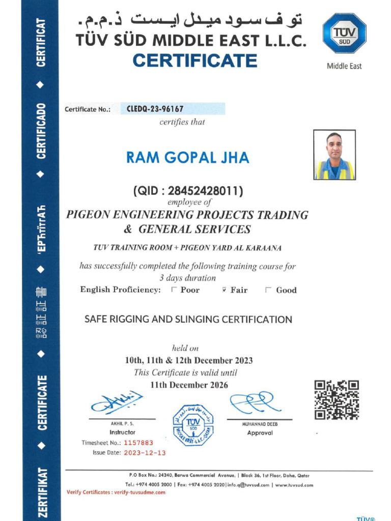 Ram Gopal Jha - Rigging-Slinging Certificate | PDF