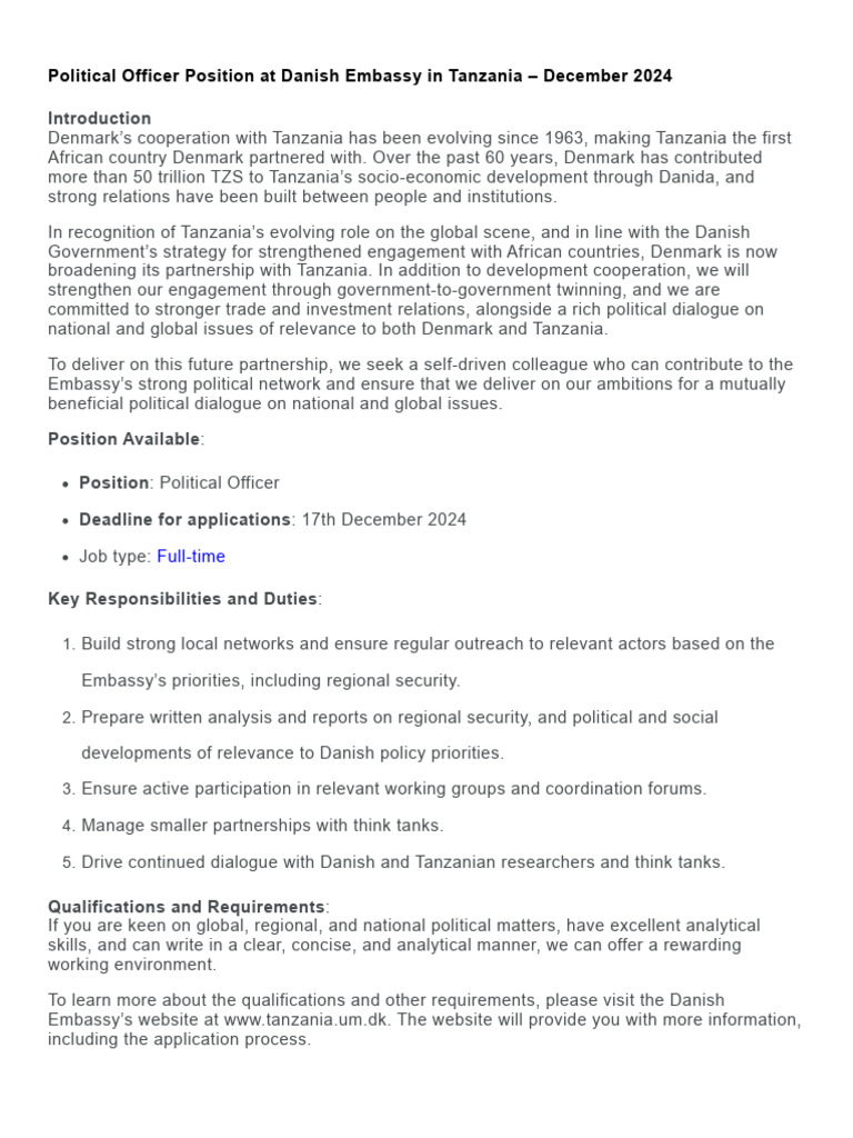 Political Officer Role at Danish Embassy | PDF | Denmark | Tanzania