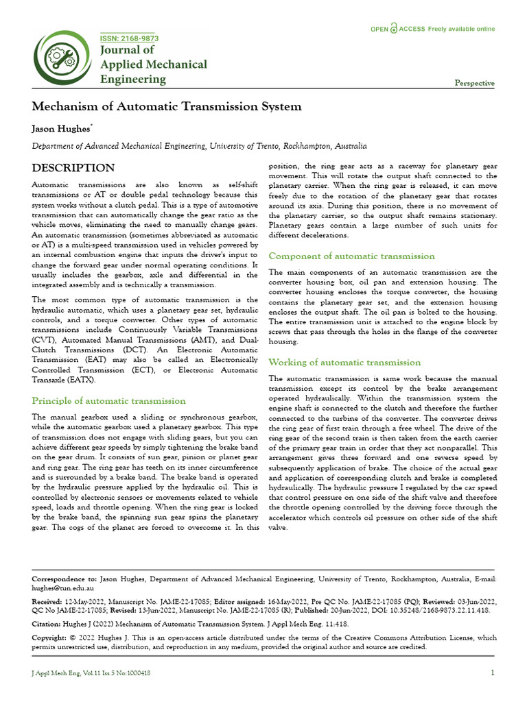 Mechanism of Automatic Transmission System | PDF | Automatic ...