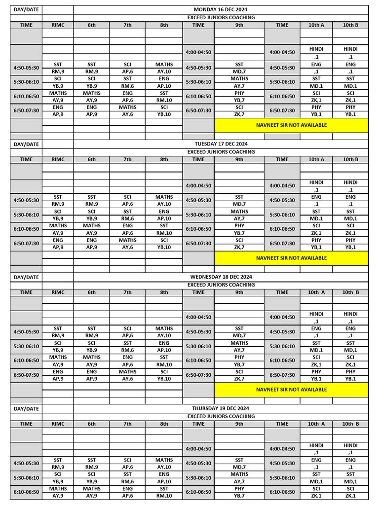 Time Table Ejc 16 Dec To 21 Dec 2024 | PDF