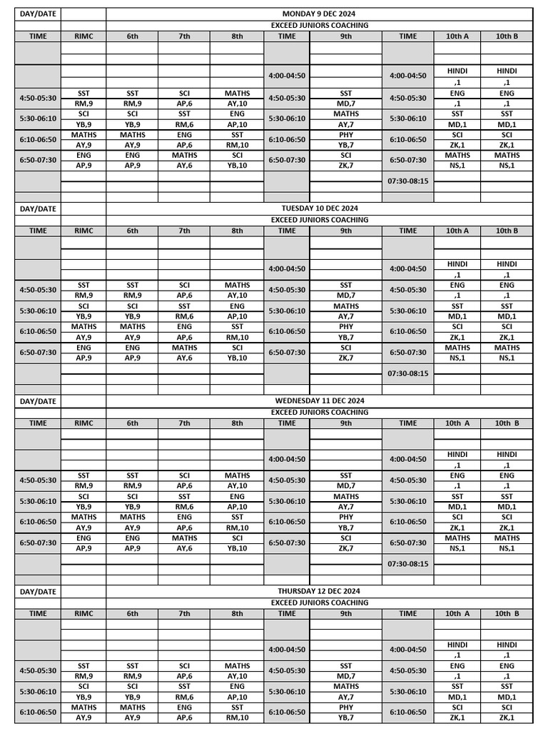 Time Table Ejc 9 Dec To 14 Dec 2024 | PDF