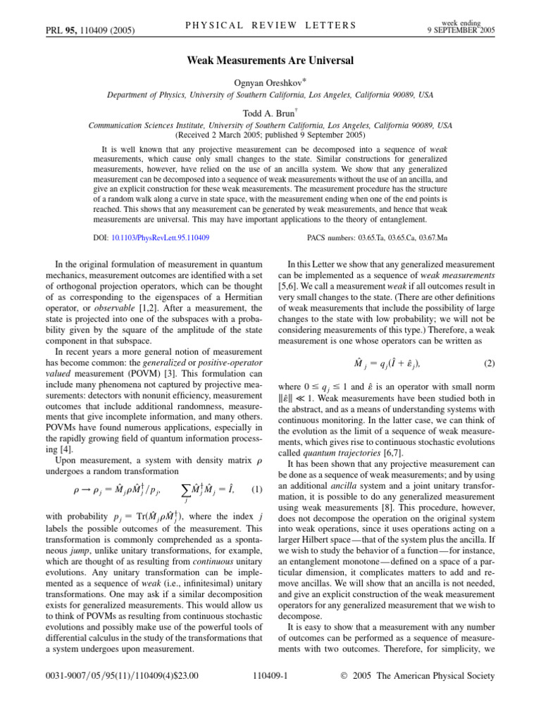 Weak Measurements Are Universal | PDF | Quantum Entanglement | Hilbert Space
