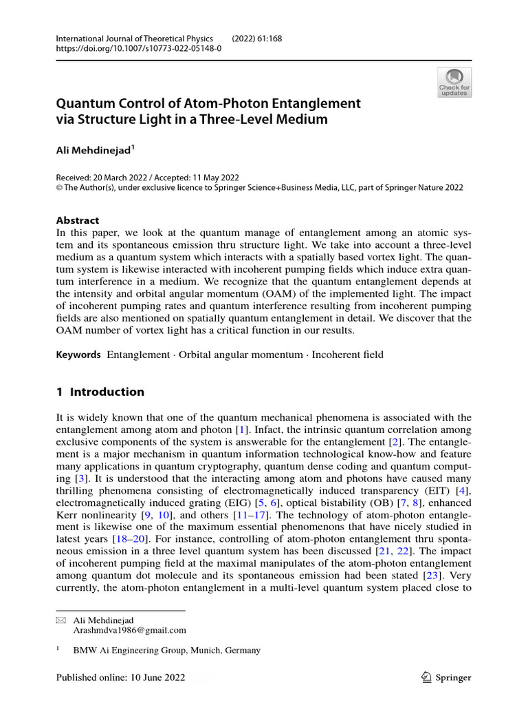 Quantum Control of Atom Photon Entanglement Via Structure Light in A Three Level Medium | PDF ...