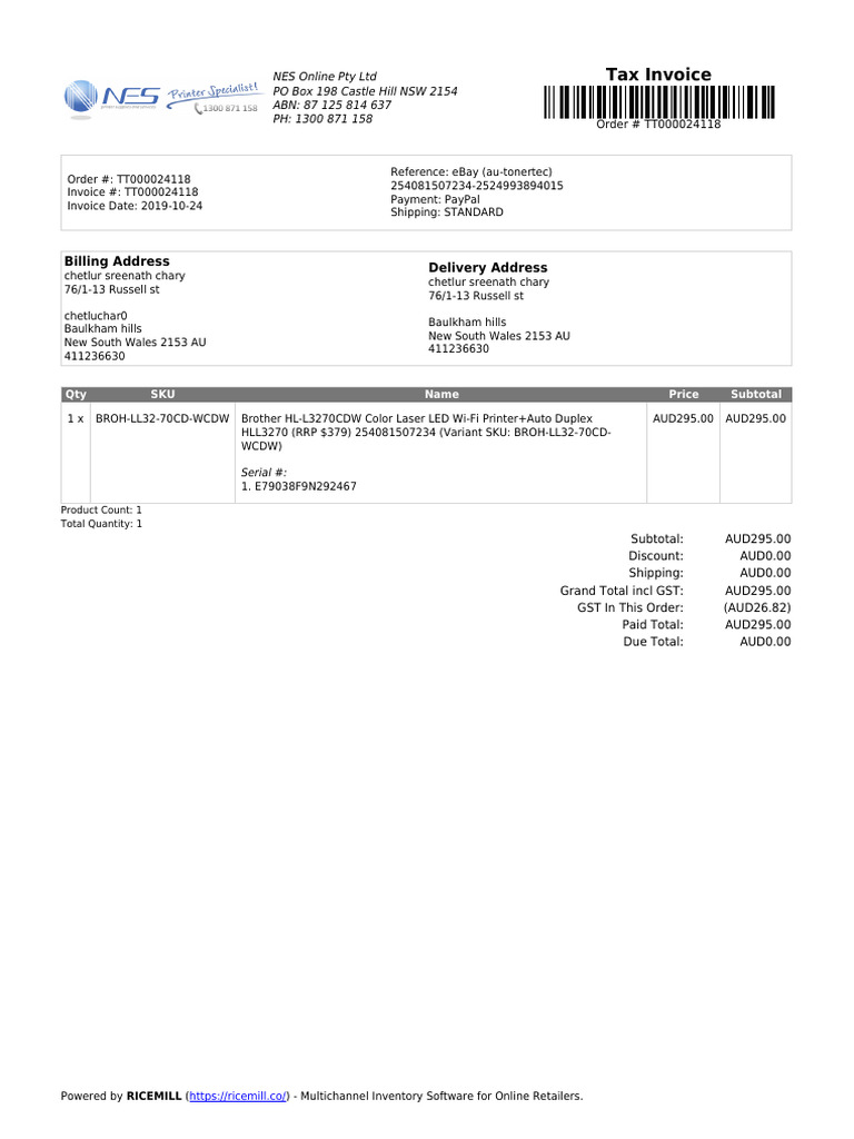 Brother-LD3270CDW-Printer-invoice | PDF | Invoice | Accounting