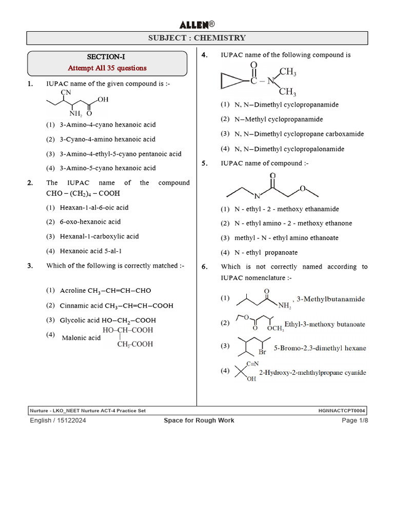 IUPAC Nomenclature Practice Questions | PDF | Isomer | Space