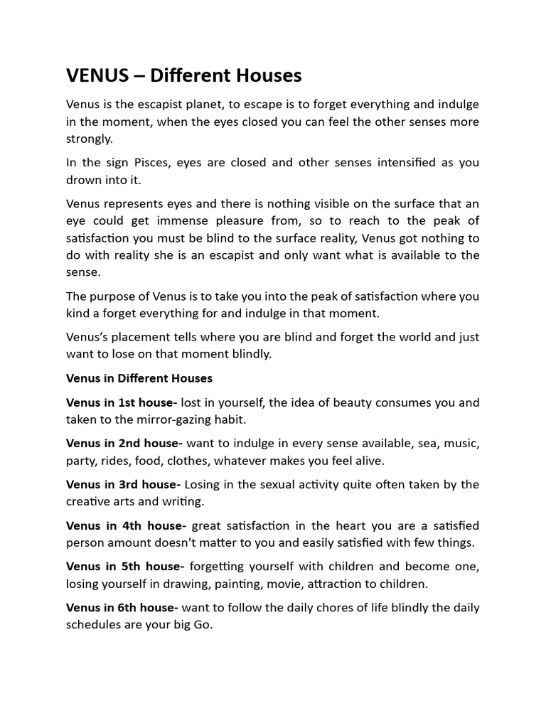 VENUS in Different Houses | PDF