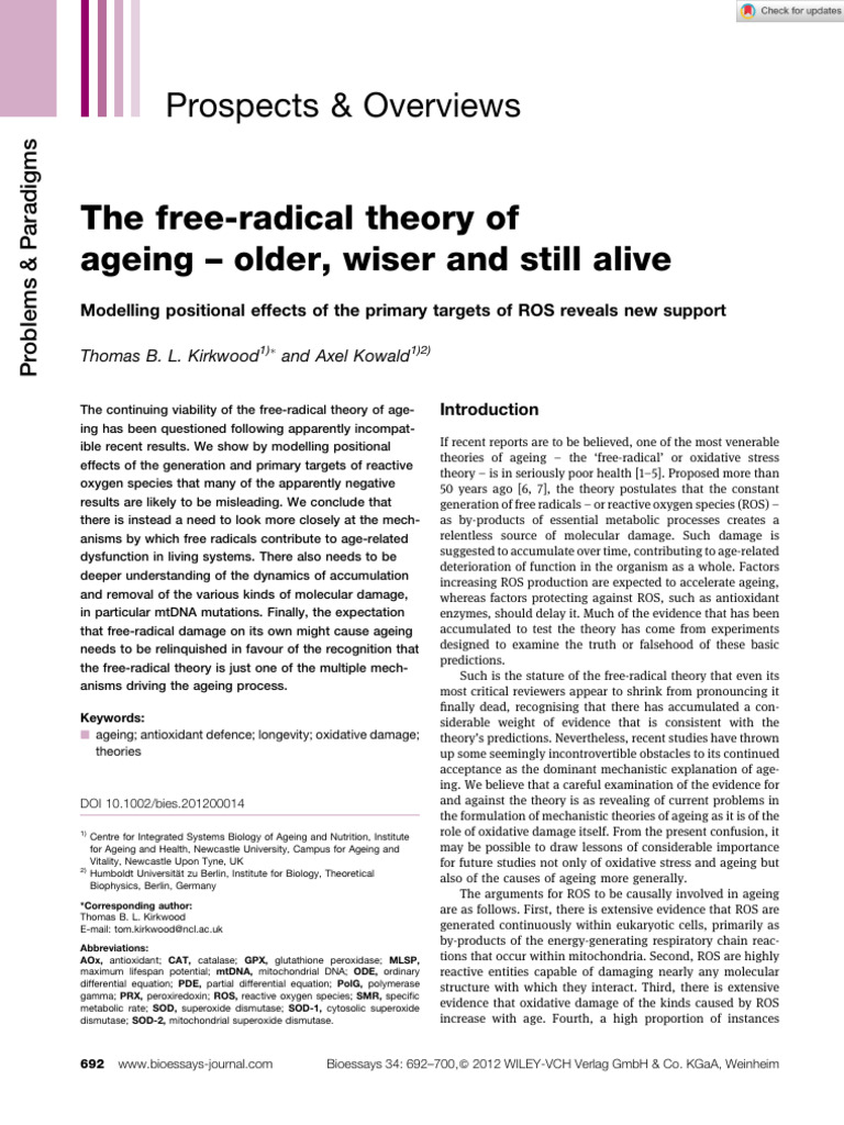 BioEssays 2012 Kirkwood The Free Radical Theory of Ageing Older | PDF ...