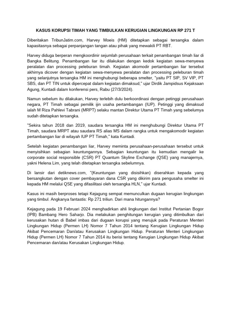 Kasus Korupsi Timah Yang Timbulkan Kerugian Lingkungan RP 271 T | PDF