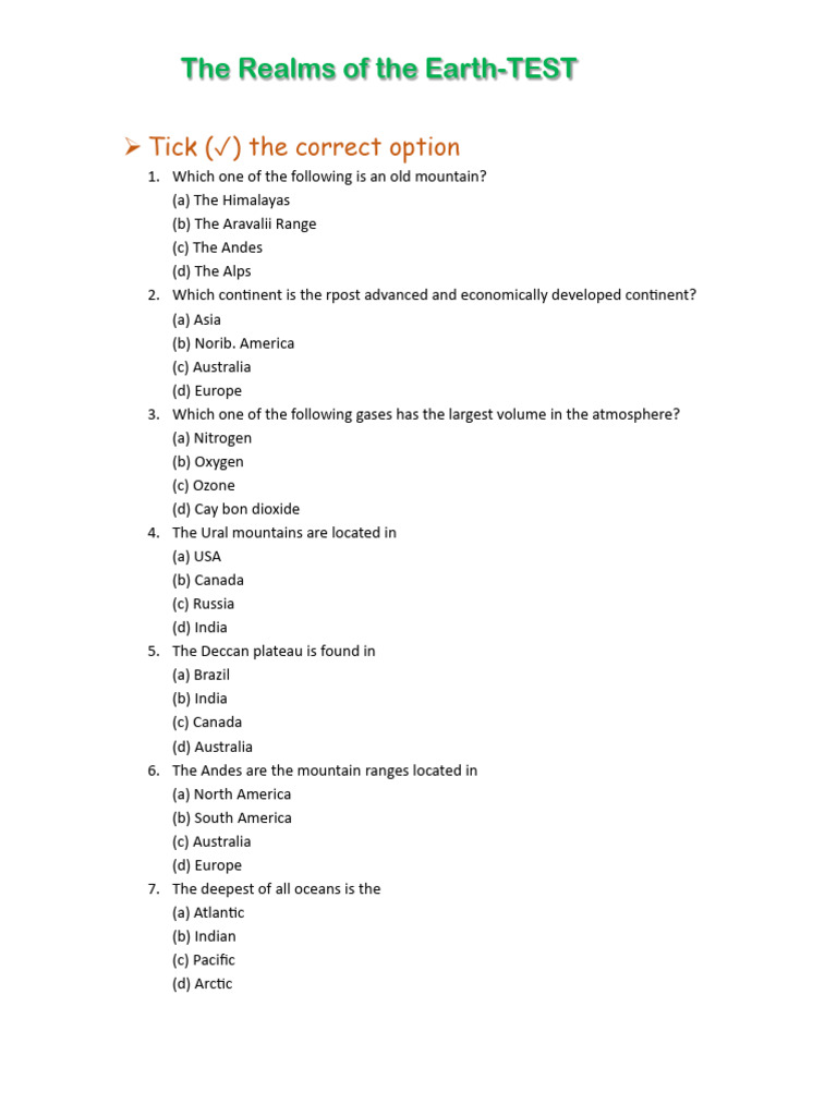 Dav Class 6 Social Science Chapter The Realms of Earth Test Paper | PDF ...