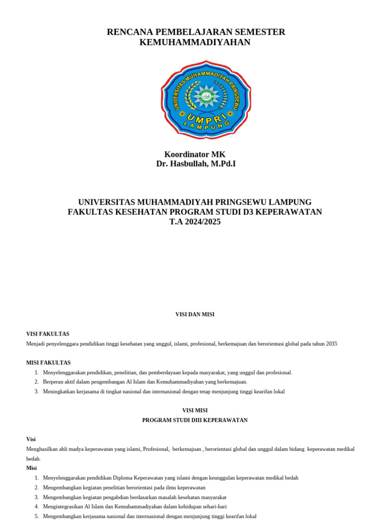 RPS Kemuhammadiyahan TA. 2024 - 2025. D3 - KEP | PDF