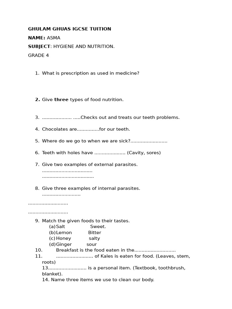 ASMA Hygiene and Nutrition Cat 3 | PDF
